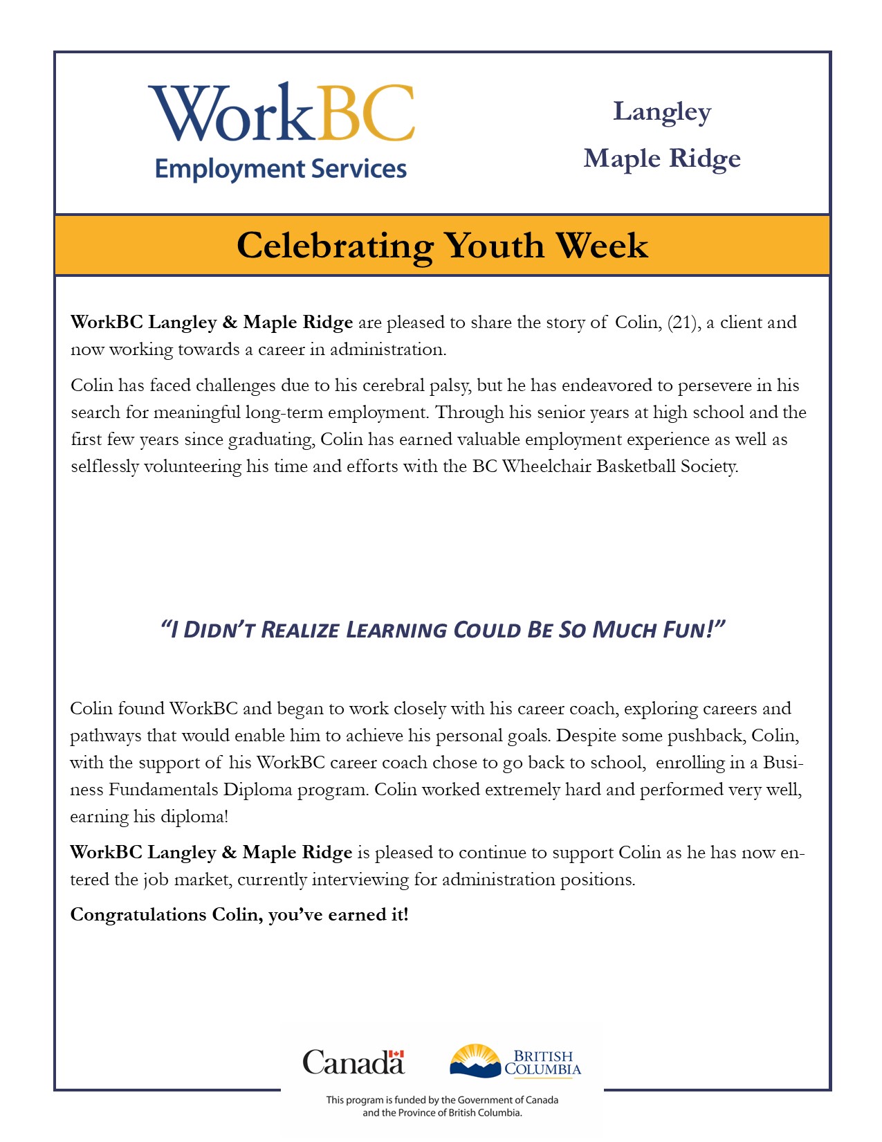 WorkBC Centre Maple Ridge | Celebrating Youth Week – Success Story #2 ...